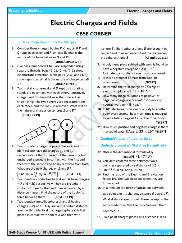 CBSE Corner Electric Charges and Fields | PDF | Electric Field | Force