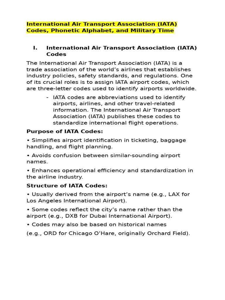 Iata Codes Phonetic Alphabet Military Time | PDF | Airport ...