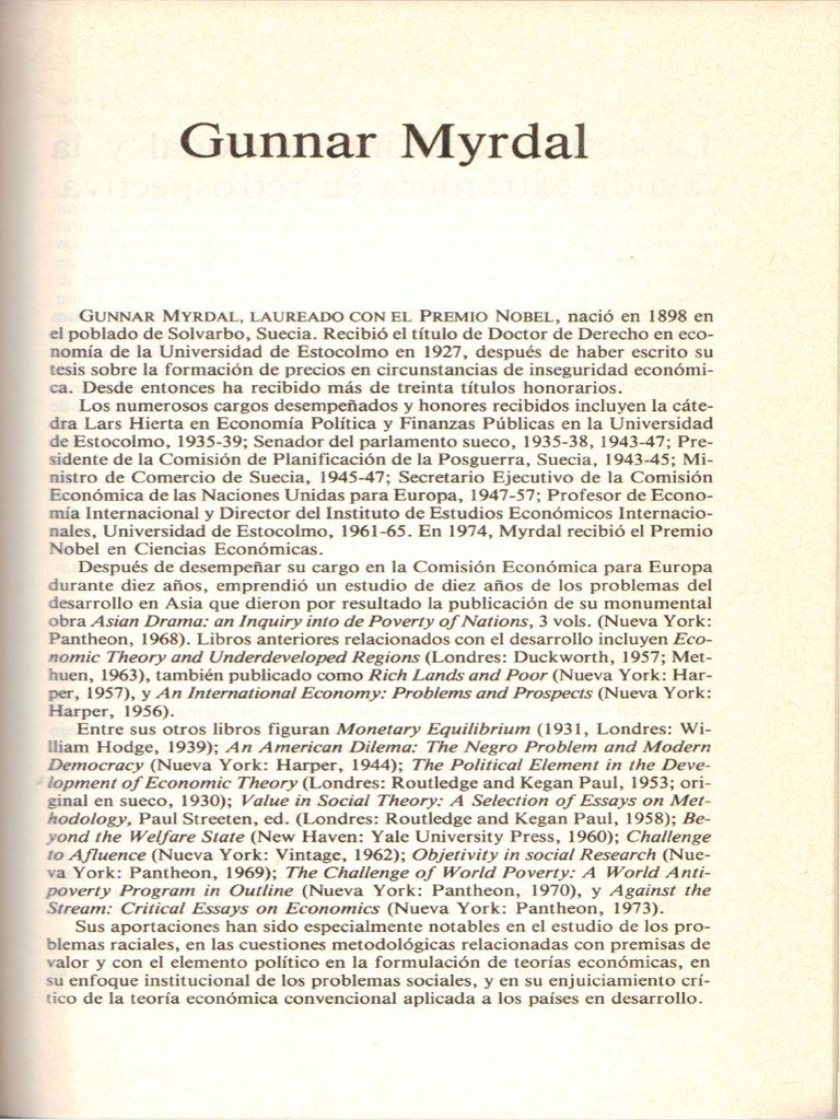 Gunnar Myrdal: Myrdal, Laureadocon El Premio Nobel | PDF | Economias