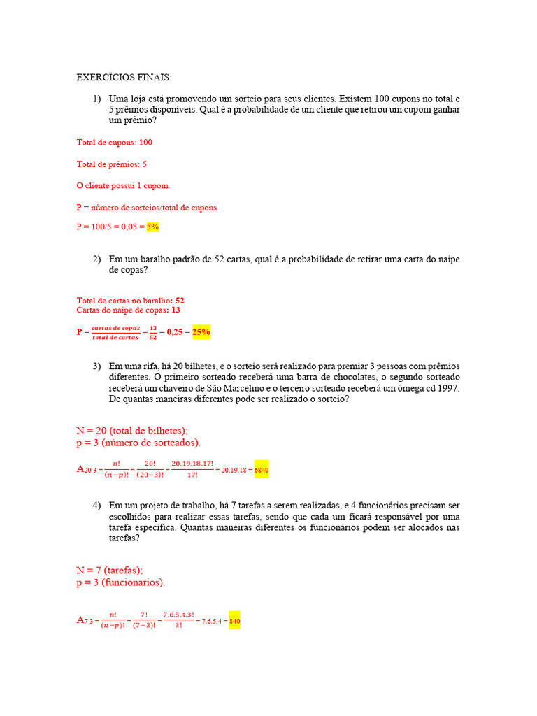 p2 Sem02 Exercícios de Fixacao p2 | PDF | Cartas de baralho