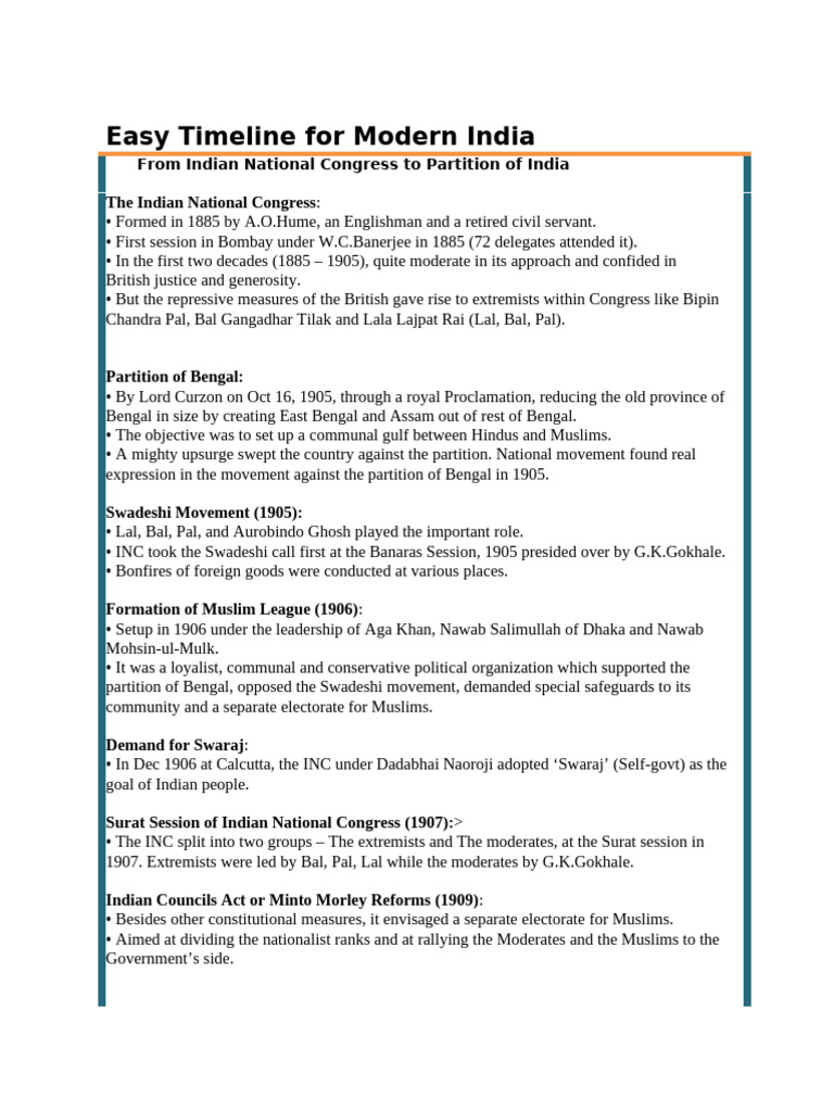 Easy Timeline For Modern India | PDF | Indian Independence Movement ...