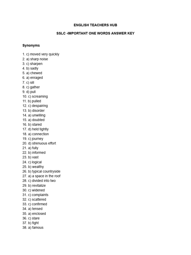 SSLC One Word Answer Key Guide | PDF | Linguistic Typology | Grammar