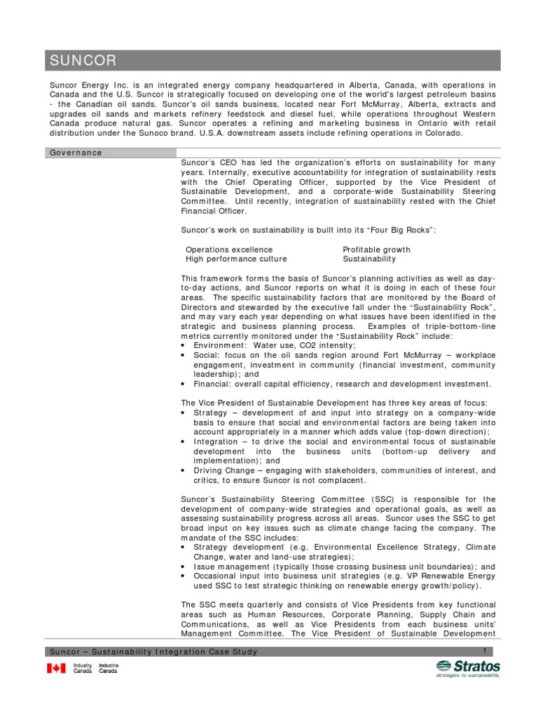 Suncor's Sustainability Integration | PDF | Oil Sands | Life Cycle ...