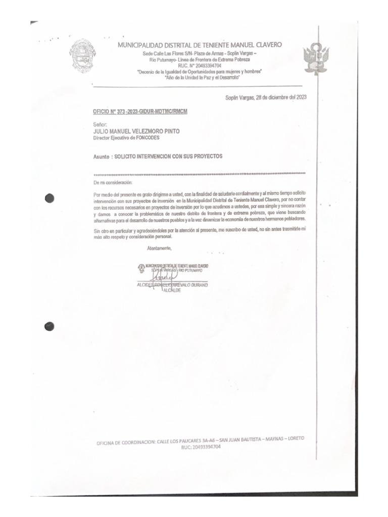 Municipalidad Distrital de Teniente Manuel Clavero | PDF