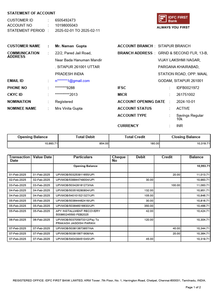 Account Statement for Mr. Naman Gupta | PDF | Banks | Automated Teller ...