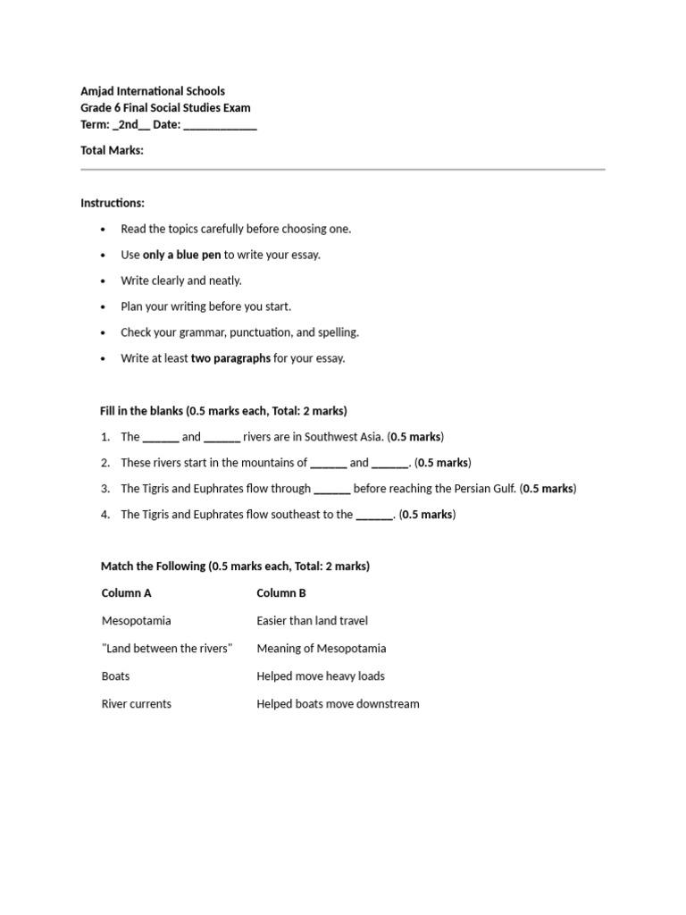 Grade 6 Social Studies Exam Guide | PDF