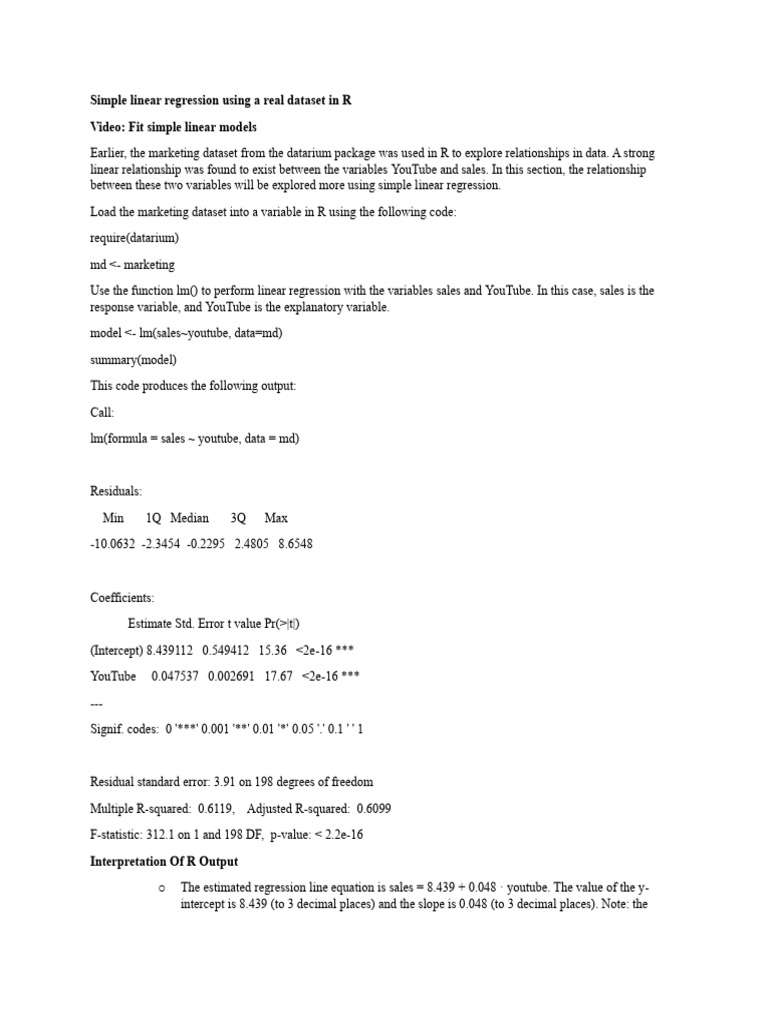 Simple Linear Regression Using A Real Dataset in R and Excel | PDF | Coefficient Of ...