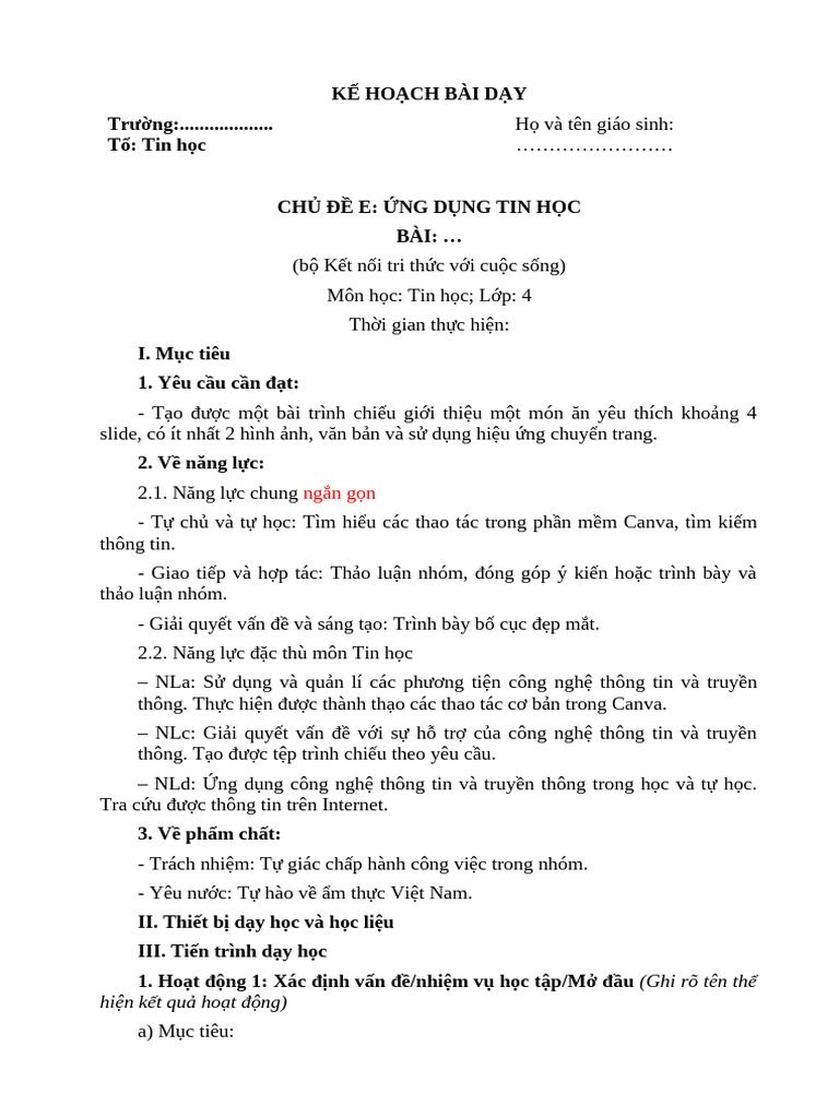 CV 5512 Phụ Lục IV Mẫu Kế Hoạch Bài Dạy | PDF