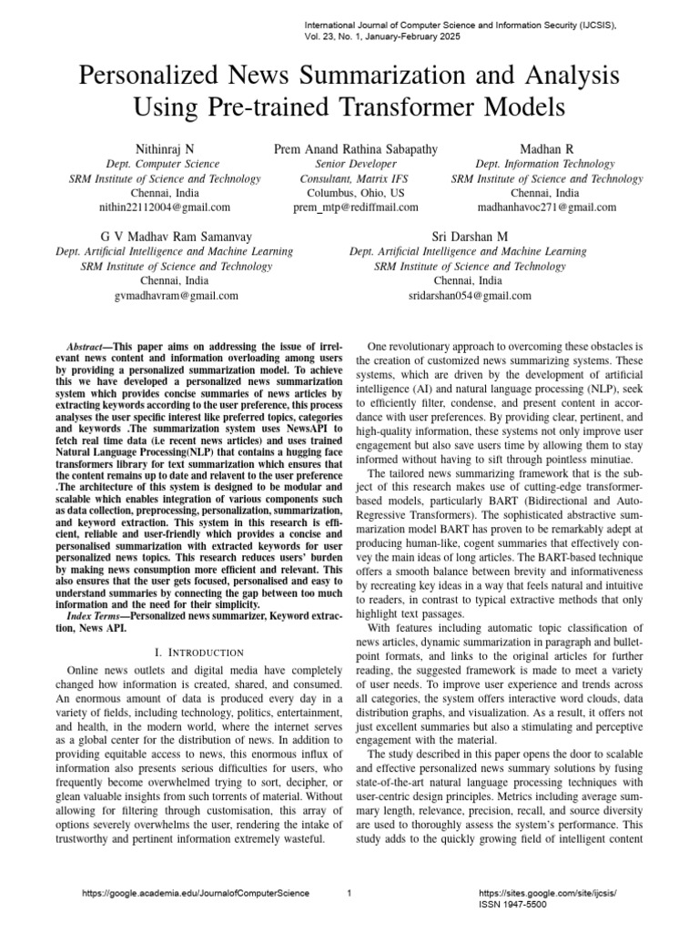 Personalized News Summarization and Analysis Using Pre-Trained Transformer Models | PDF ...
