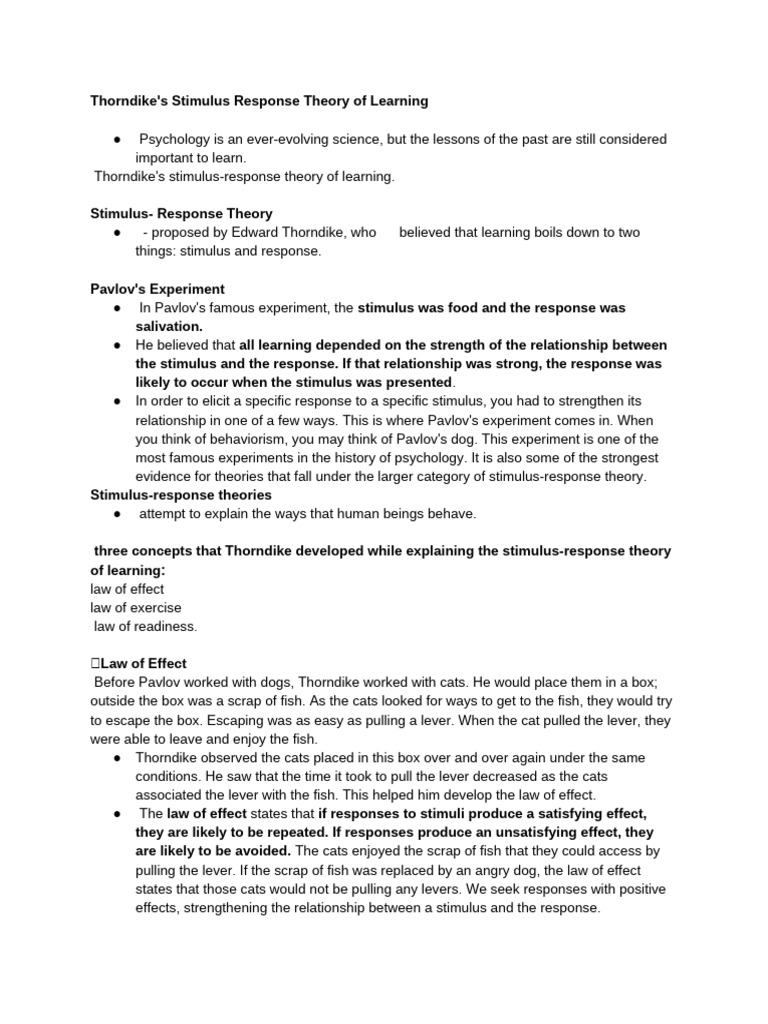 Thorndike's Stimulus Response Theory of Learning | PDF | Classical ...