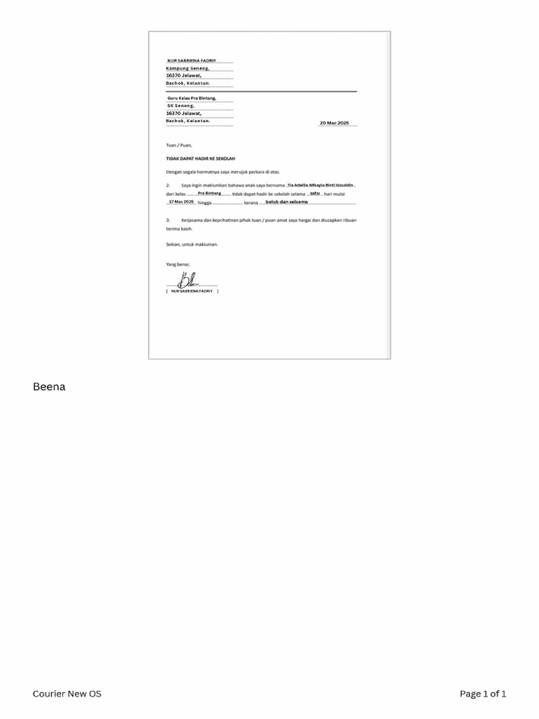 Surat Rasmi Tidak Hadir Ke Sekolah (Tia) | PDF
