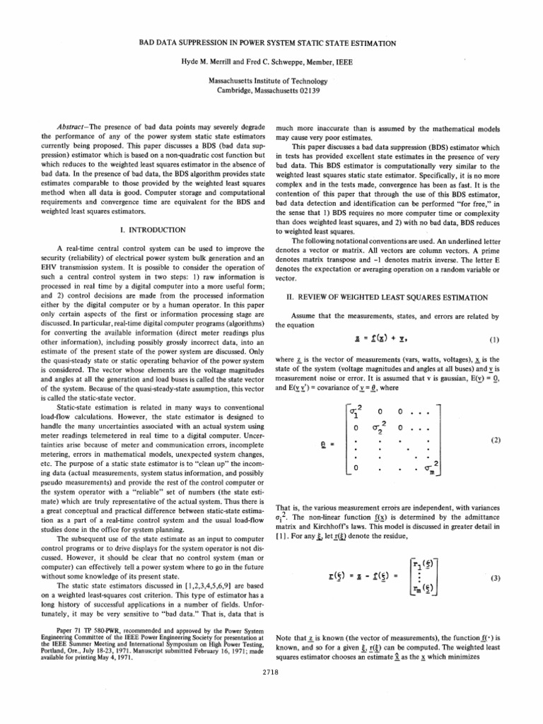1971 - Schweppe - Bad Data Suppression in Power System Static State Estimation | PDF | Least ...