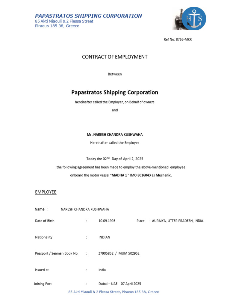 Agreement of NARESH CHANDRA KUSHWAHA | PDF | Employment | Anatomical Terms Of Motion