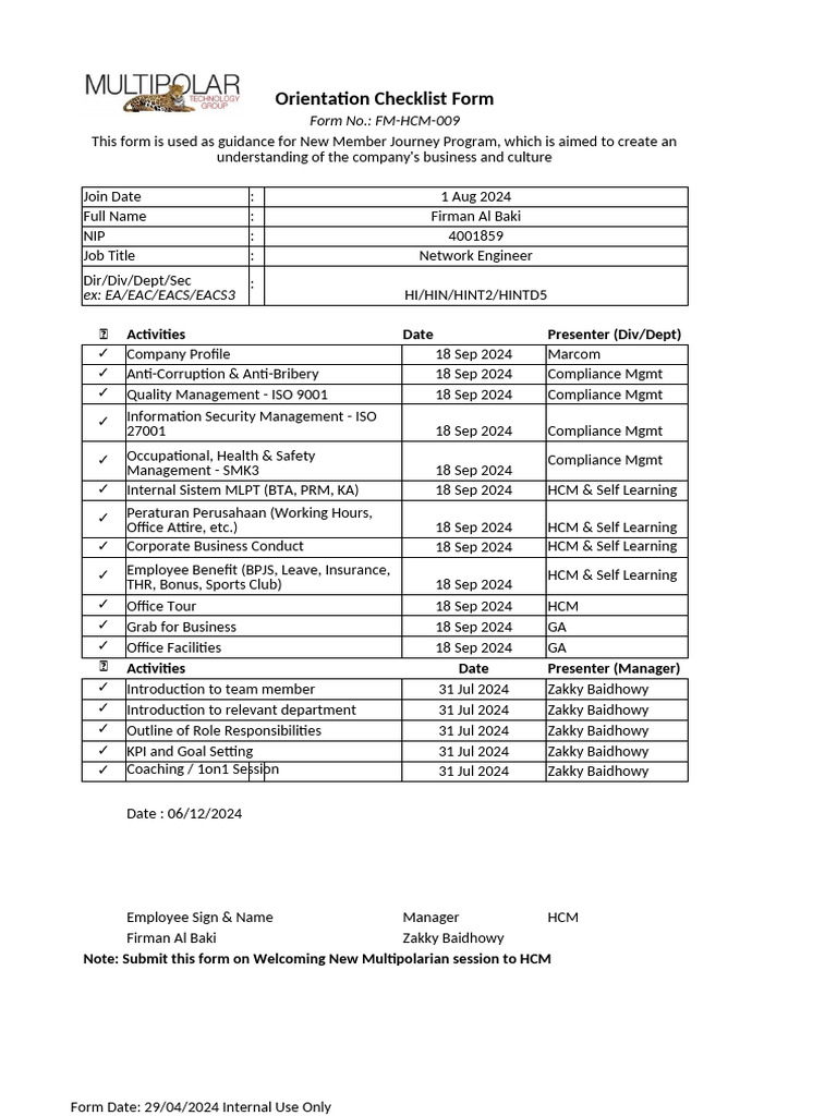 FM-HCM-009 Orientation Checklist Form | PDF | Business