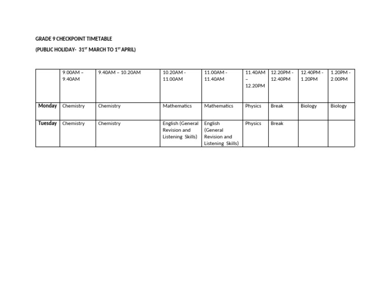 Public Holiday Checkpoint Time Table | PDF