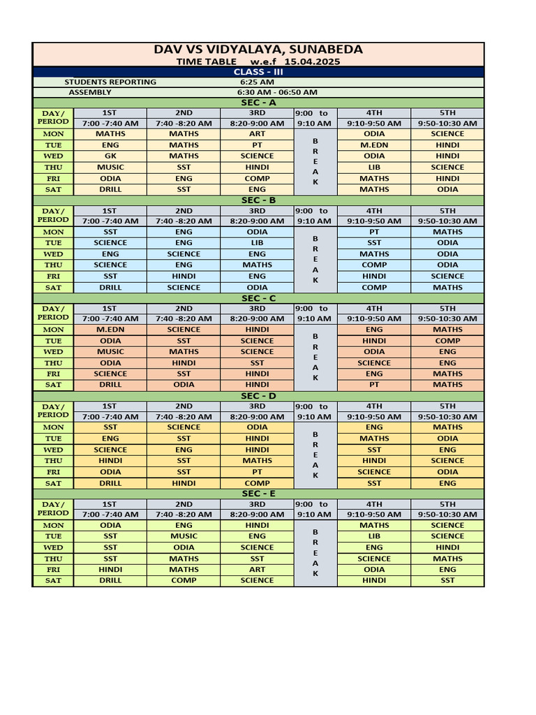 Class - 3 Timetable - 074707 | PDF