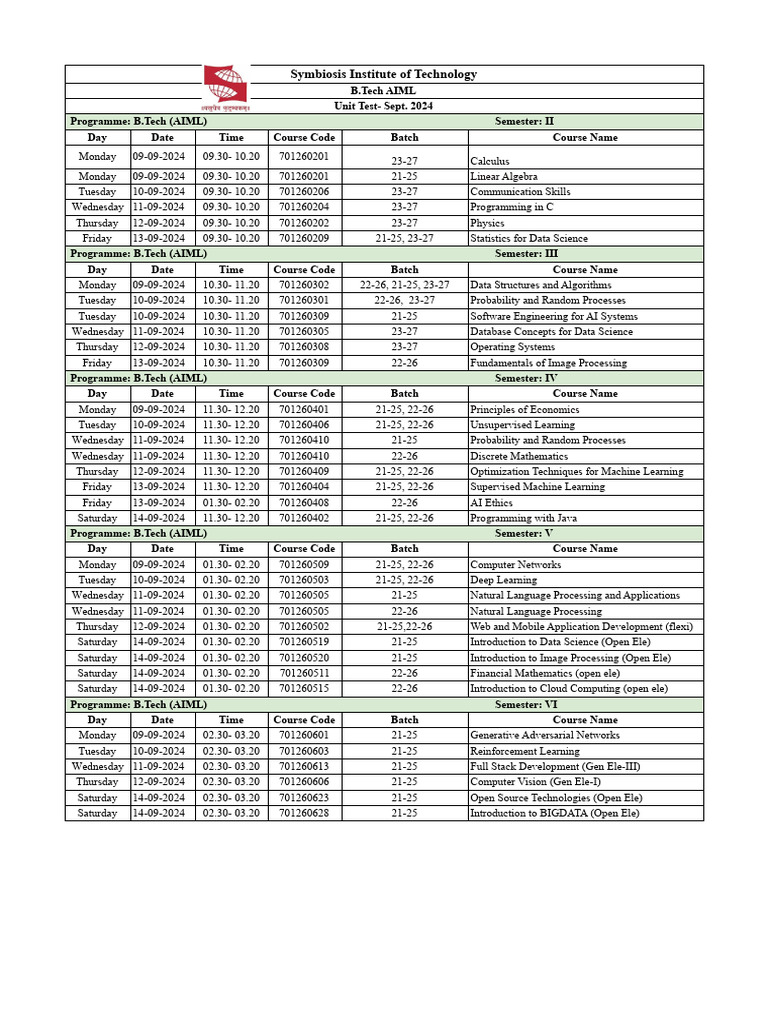 Time Table of Unit Test - Sept. - 2024 - AIML | PDF | Machine Learning ...