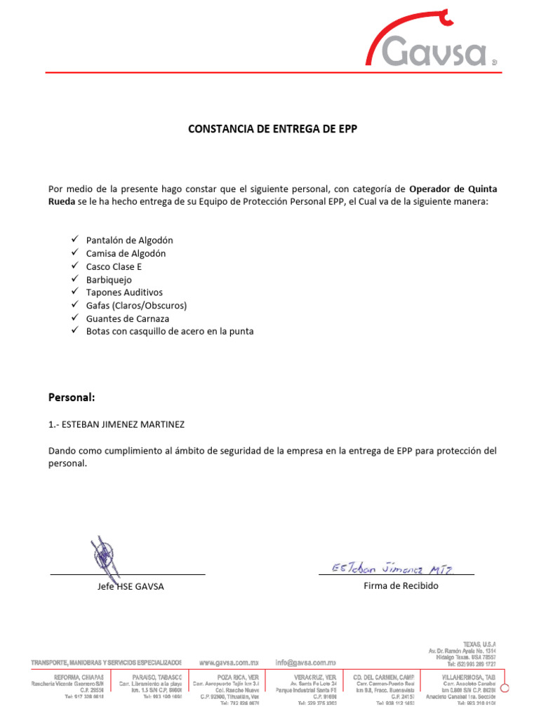CARTA ENTREGA EPP OP. TRACTO - Esteban Jimenez Martinez | PDF