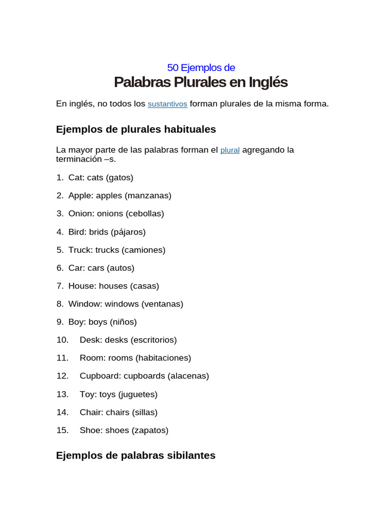 50 Ejemplos de PLURALES INGLES | PDF | Lingüística | Morfología Lingüística