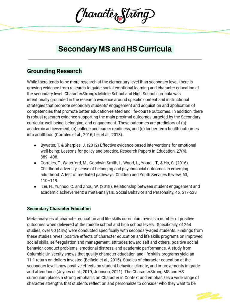 Secondary Character Education Curricula | PDF | Empathy | Emotions