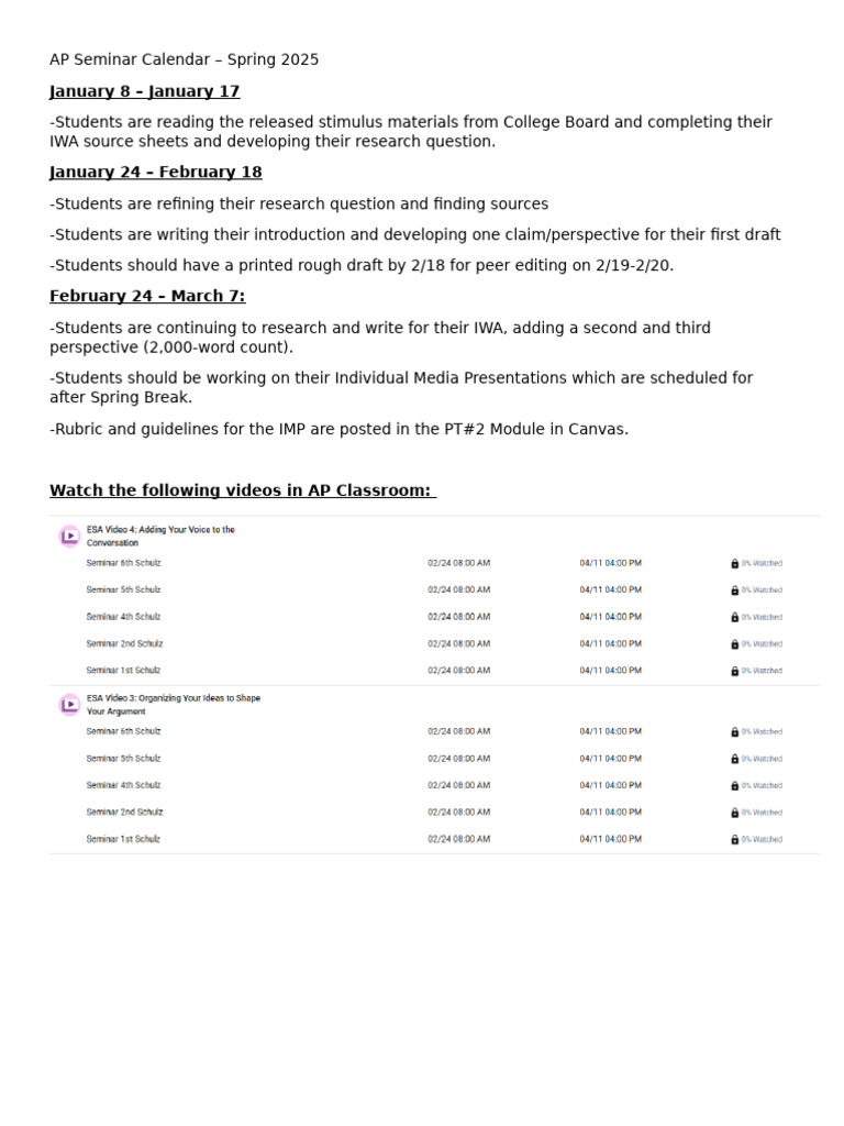 AP Seminar Spring 2025 Timeline | PDF