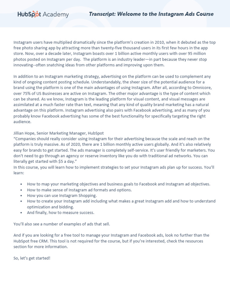 Instagram Ads Introduction TRANSCRIPT | PDF | Advertising | Social Media Marketing