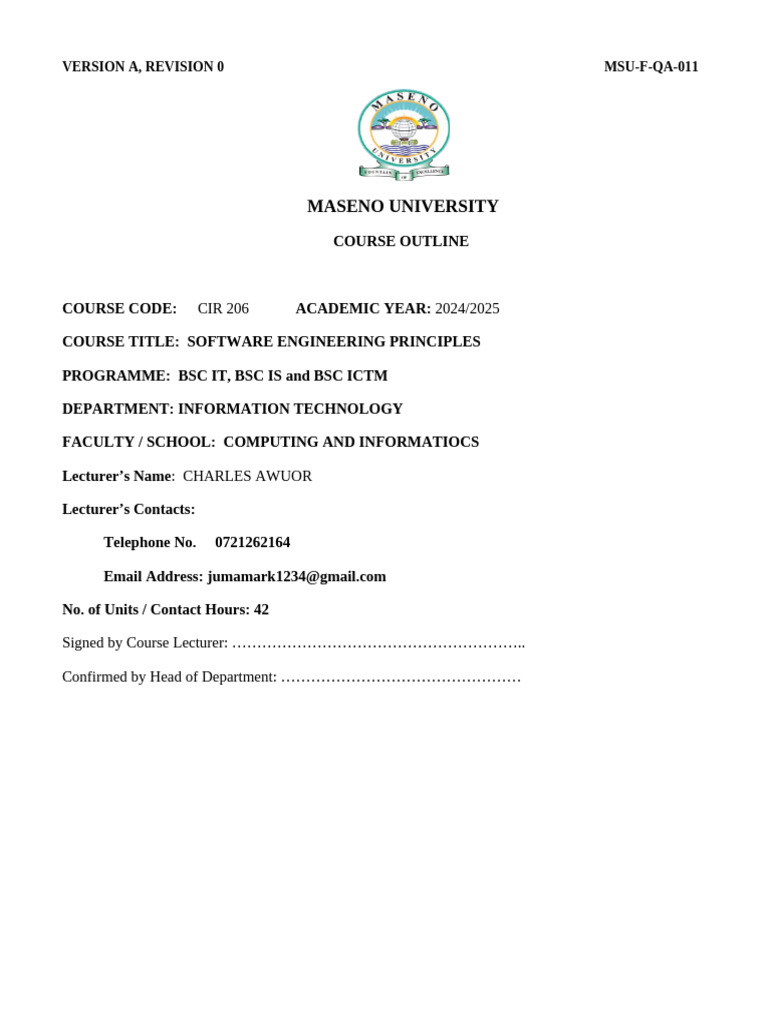 Cir 206 Principle of Software Engineering Course Outline | PDF | Methodology | Software