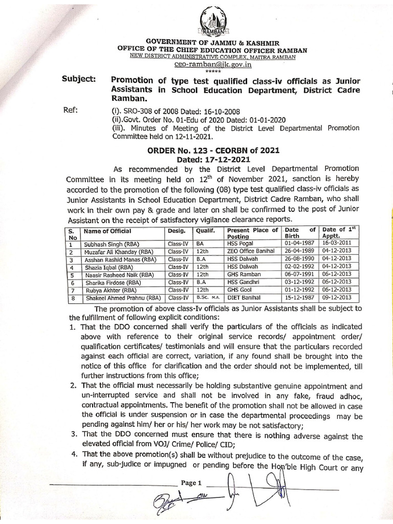 Promotion Adjustment of Class-Iv As Junior Assistant, Laboratory ...