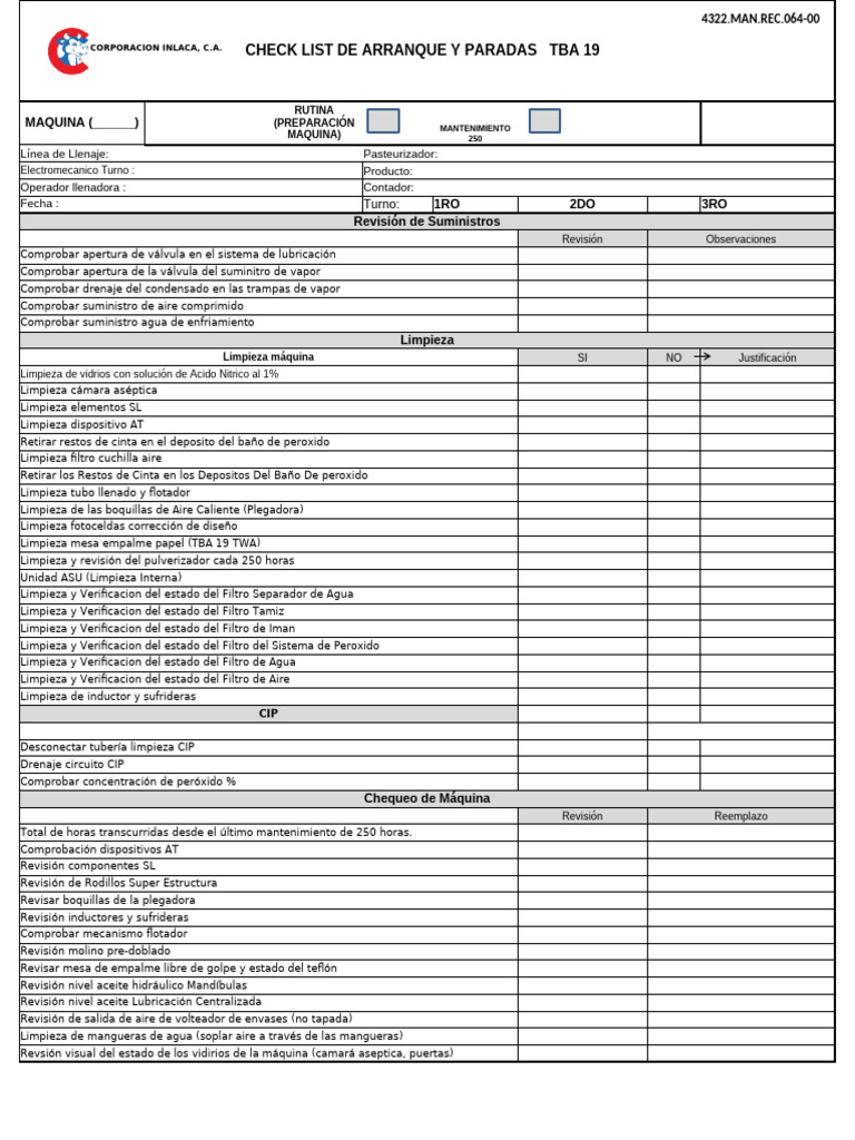 Check List de Arranque y Paradas Tba 19 Pasantes 2025 | PDF ...