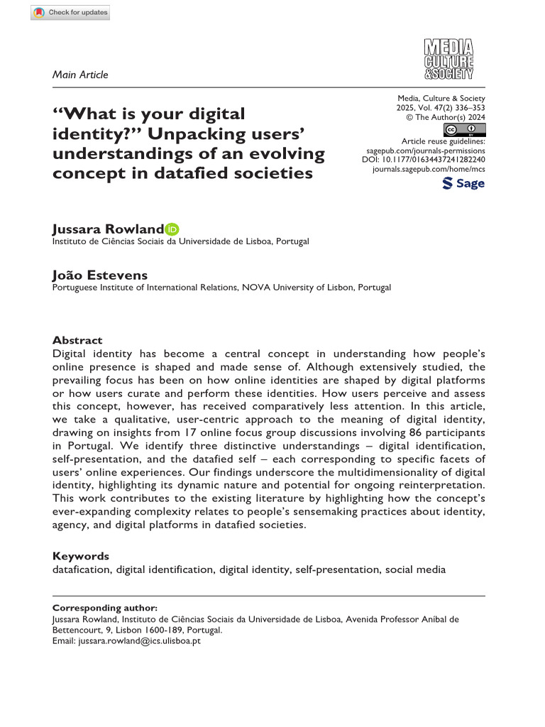 Understanding Digital Identity in Datafied Societies | PDF | Identity ...