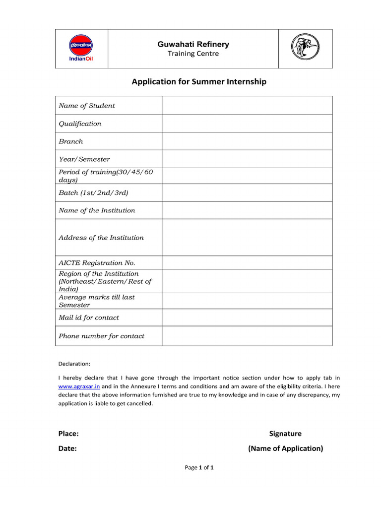 IOCL Summer Internship Application | PDF