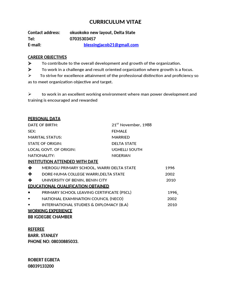 Professional CV of Blessing Jacob | PDF
