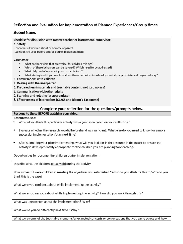 Reflection and Evaluation for Implementation of Planned Experiences Spring 2023 | PDF ...