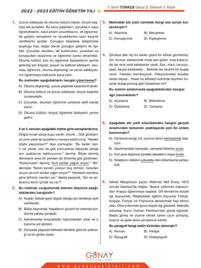 Gunay-2.-Donem-1.-Yazili-Sorulari-7.-sinif-Turkce | PDF
