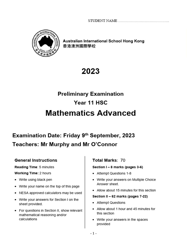Year 11 HSC Mathematics Exam 2023 | PDF | Pi | Multiple Choice