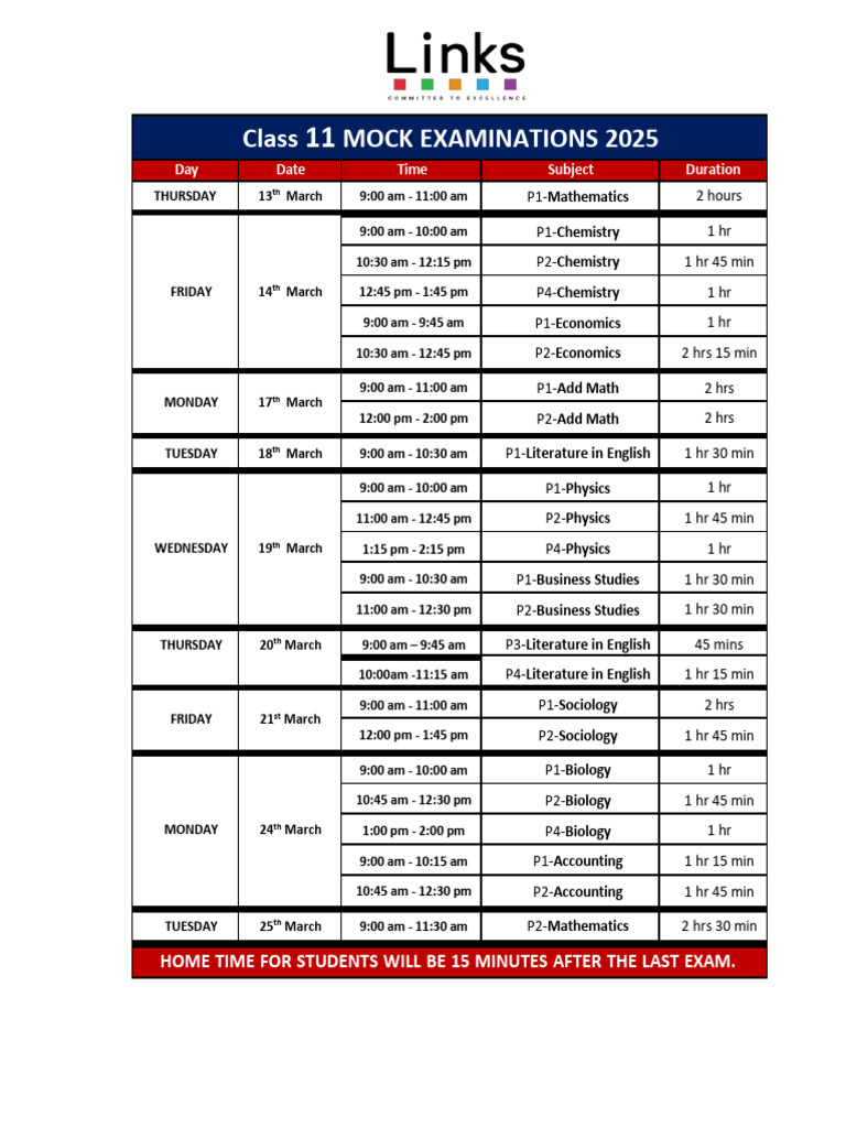 Grade 11 Mock Exam Timetable 2025 | PDF