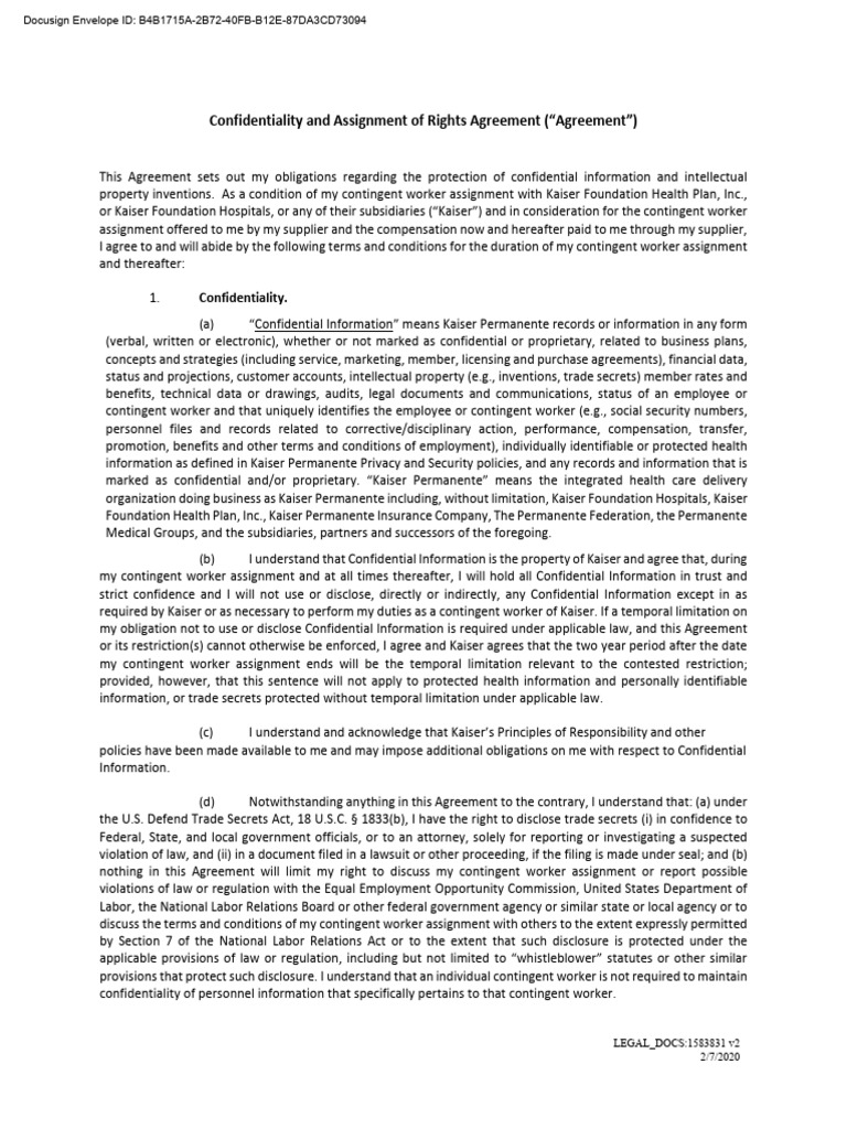 Confidentiality Agreement for Kaiser Workers | PDF | Trade Secret ...