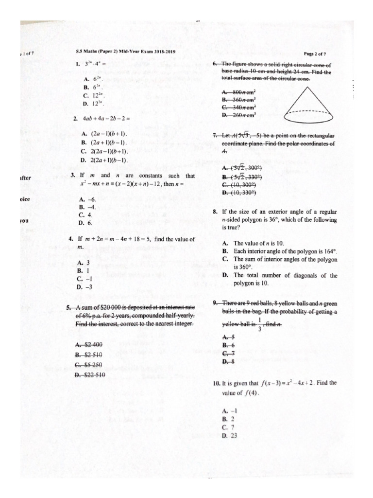 S.5 Maths (Paper 2) Mid-Year Exam 2018-2019 | PDF