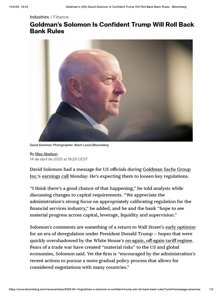 Goldman's (GS) David Solomon Is Confident Trump Will Roll Back Bank ...