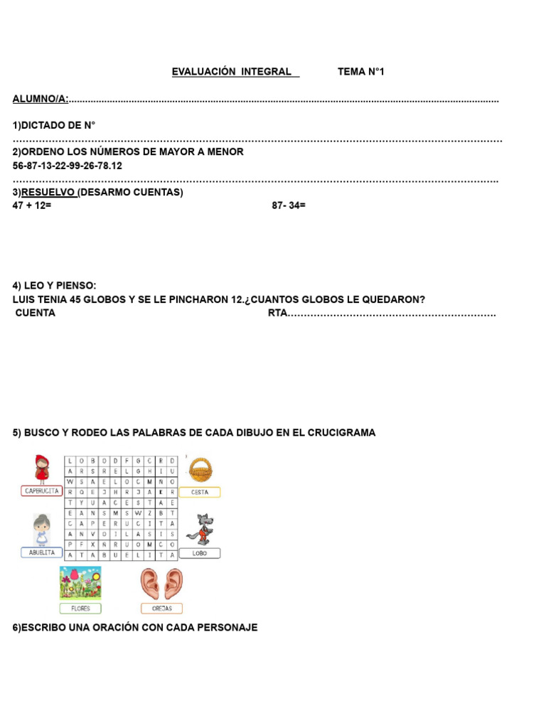 Evaluación Integral Tema N°1 1° Grado | PDF