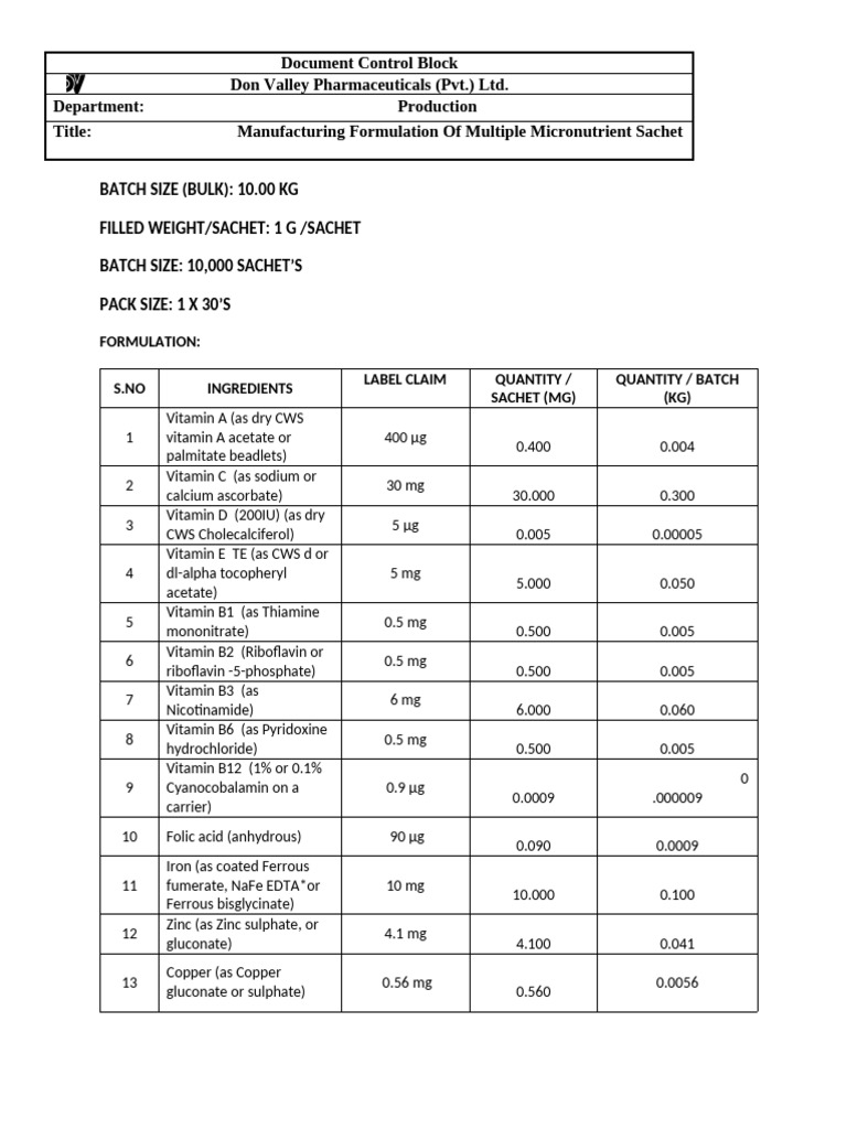 Formulation Multiple Micronutrients Sachet | PDF | Dietary Supplements ...