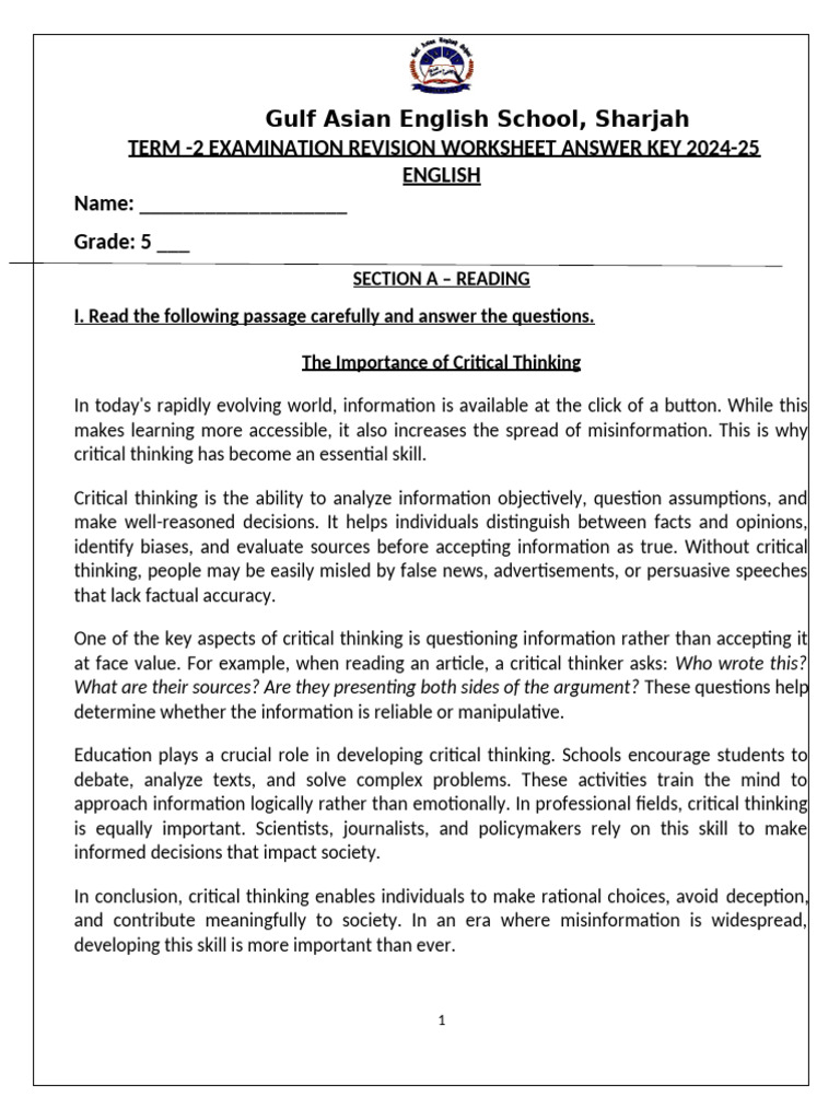 Answer Key - Grade 5 English Term 2 Revision Worksheet | PDF | Critical ...