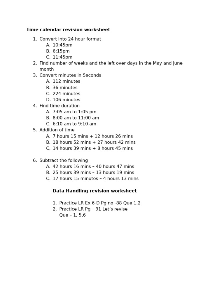 Time and Calendar, Data Handling Grade 4 Worksheet | PDF