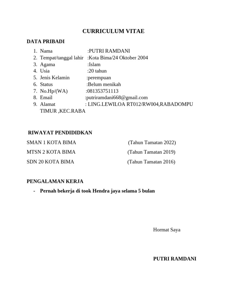 Curriculum Vitae Putri Ramdani | PDF