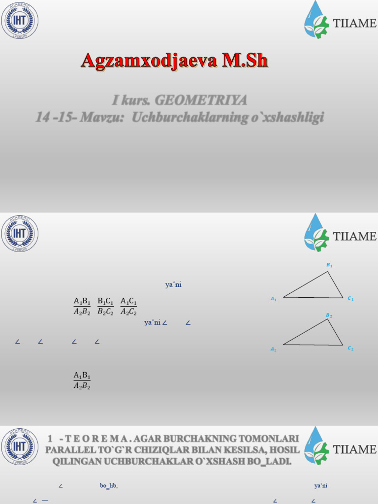 014 - I - Kurs - Geometriya - 14-15 - Mavzu - Uchburchaklarning O'xshashligi | PDF
