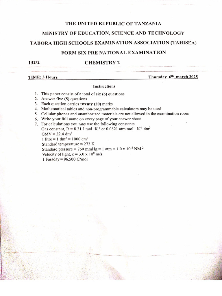 Chemistry 2 Tabora Boy's 2025 | PDF