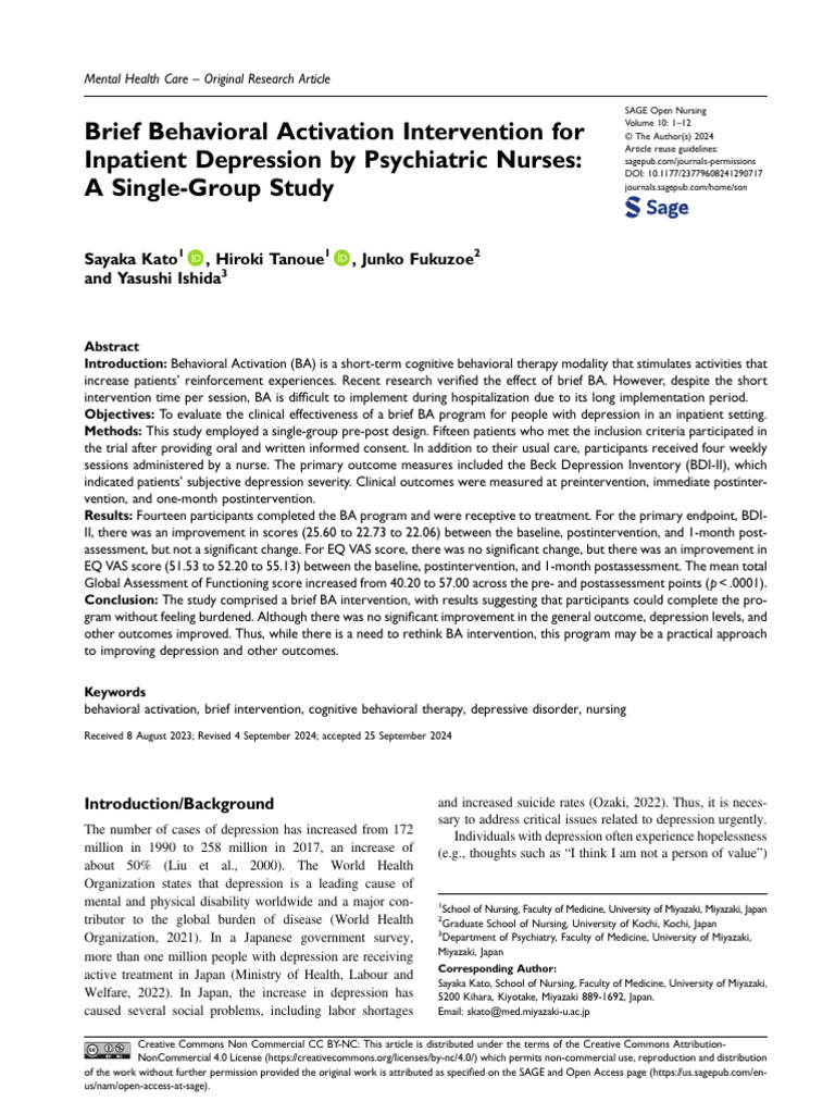 Brief Behavioral Activation Intervention For Inpatient Depression by Psychiatric Nurses: A ...