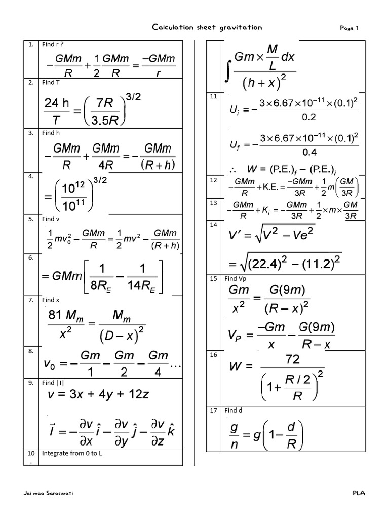 Gravitation Calculation Sheet Guide | PDF