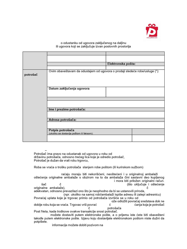 Izjava o Odustanku Od Ugovora Zakljucenog Na Daljinu Pokloni Com | PDF