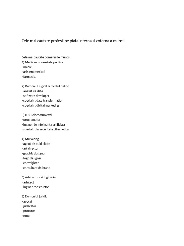 Cele Mai Cautate Profesii Pe Piata Interna Si Externa A Muncii | PDF